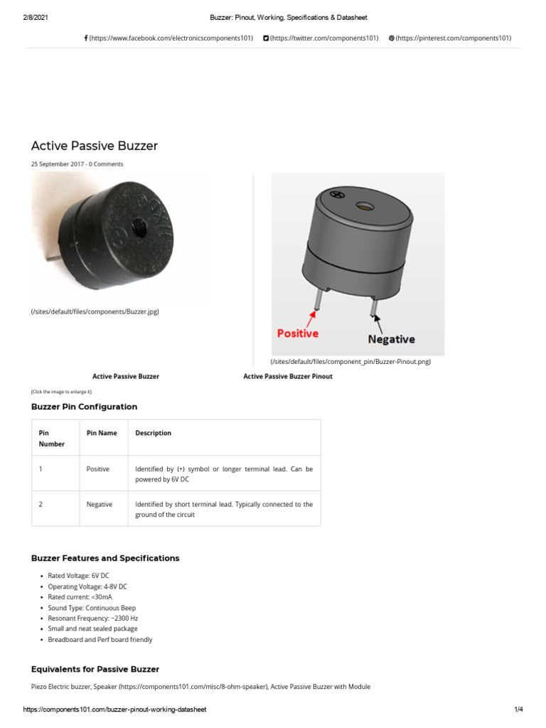 Buzzer - Pinout, Working, Specifications & Datasheet | PDF | Electrical ...