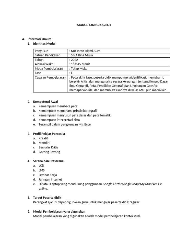 MODUL AJAR GEOGRAFI - Rancangan | PDF