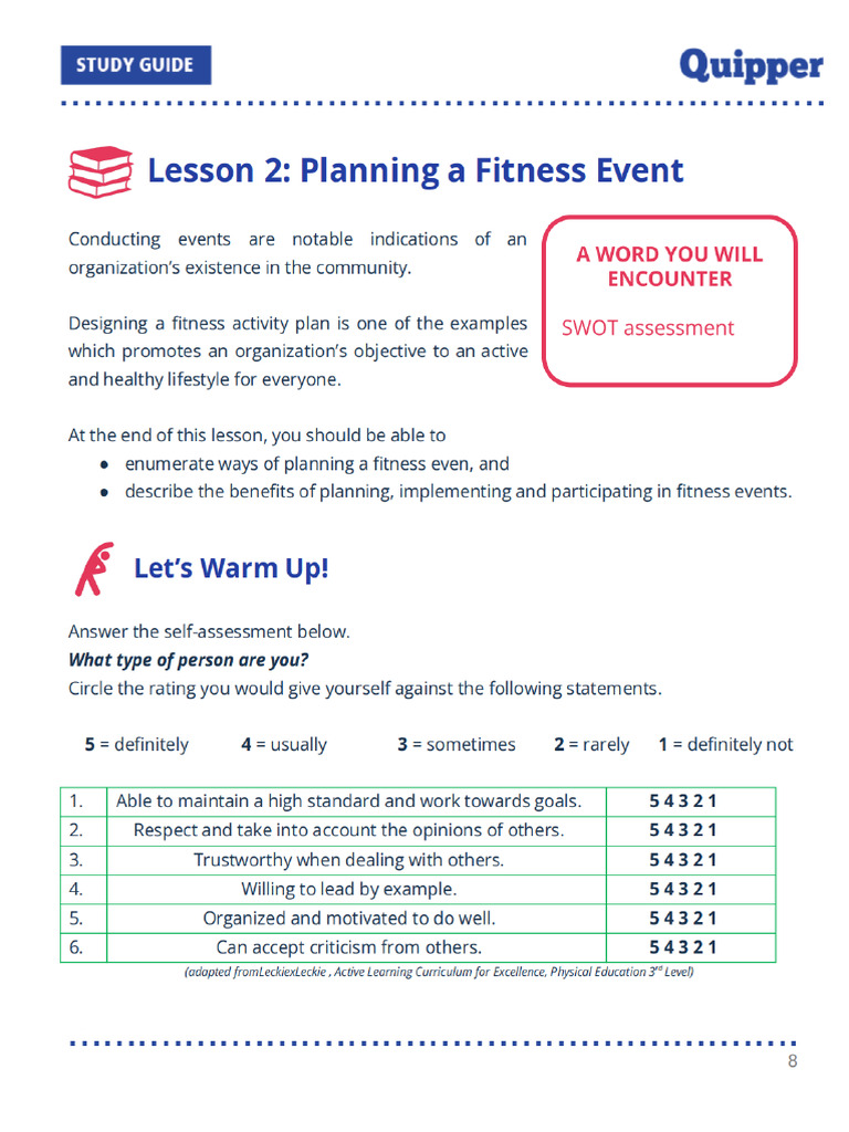 Unit 6 Lesson 2 Planning A Fitness Event | PDF