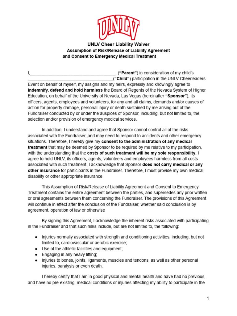 UNLV Cheer Liability Waiver Form | PDF | Indemnity | Legal Liability