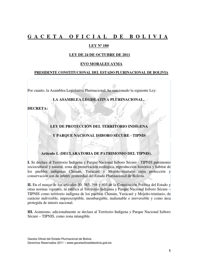 Ley 180 Ley de Proteccion Del Territorio Indigena y Parque Nacional ...