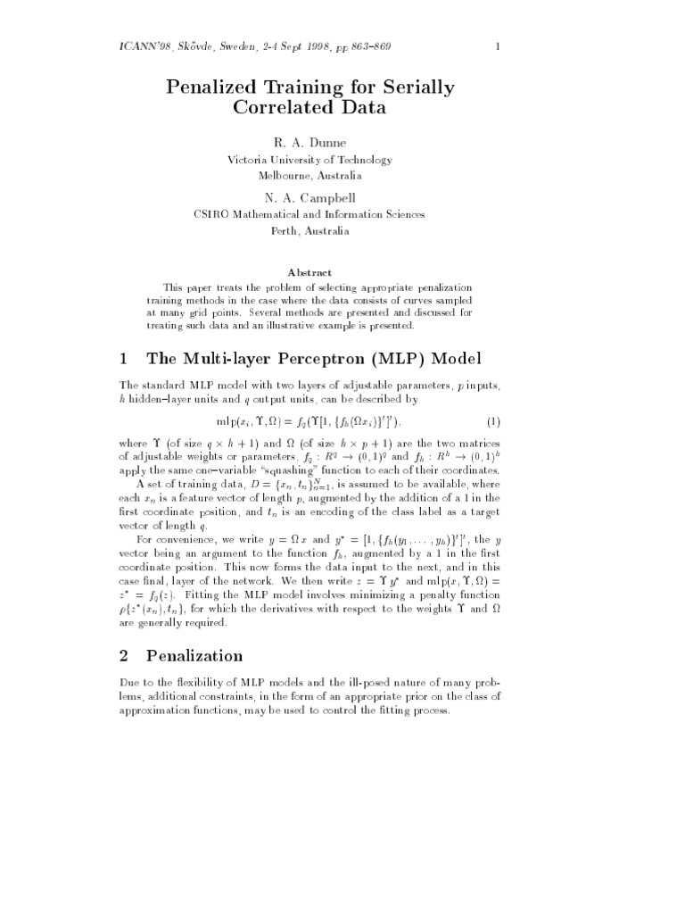 1 The Multi-Layer Perceptron (MLP) Model: R. A. Dunne N. A. Campbell ...
