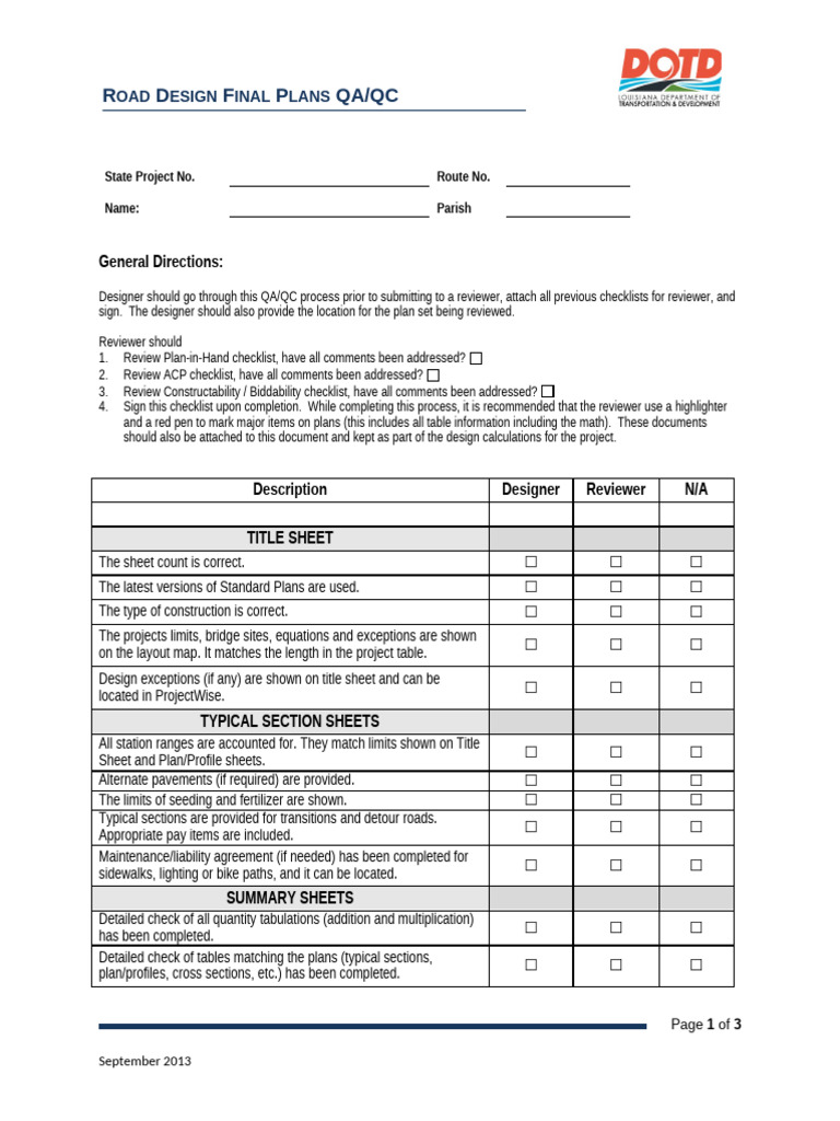 Road Design QA/QC Checklist Guide | PDF | Road | Drainage