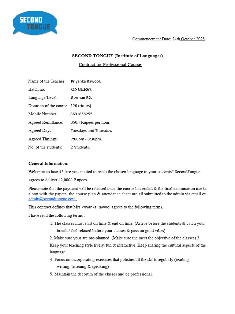 Priyanka Rawool ONGER67 German B2 Batch Course - Contract | PDF | Human Communication | Cognition