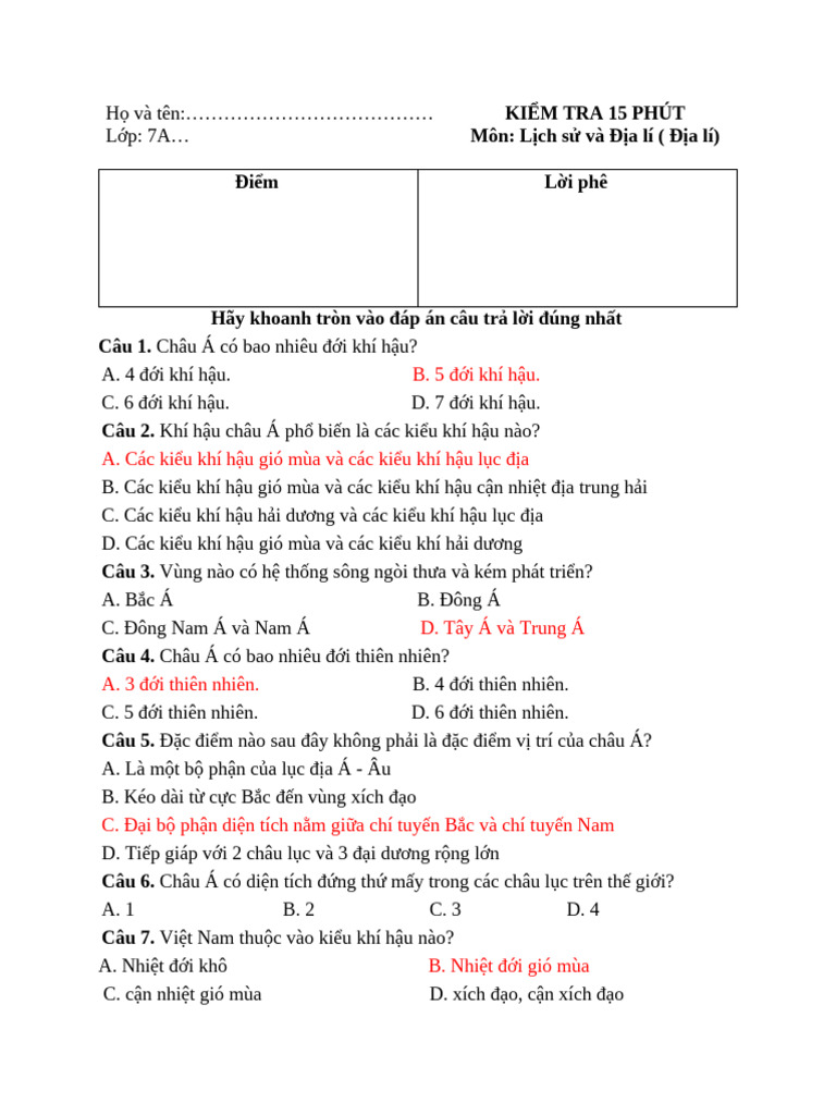 ĐỀ KTRA 15 ĐỊA 7 | PDF