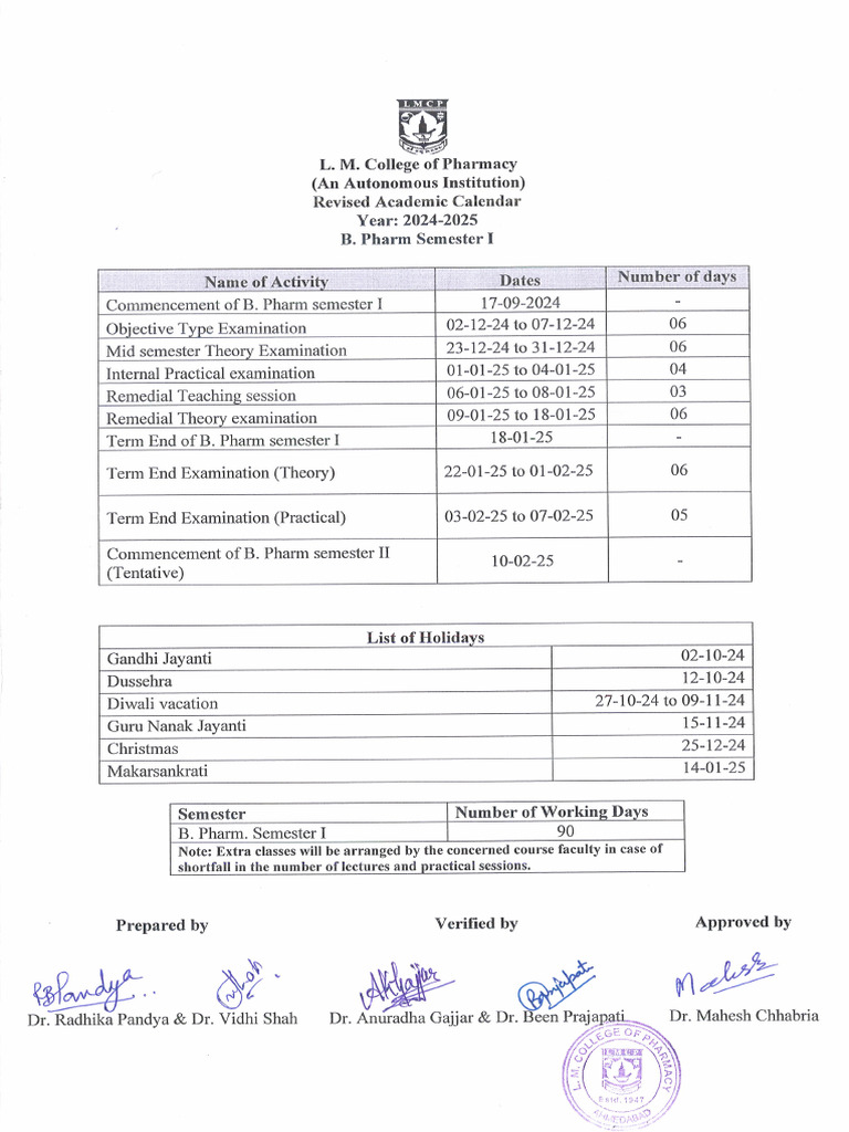 Revised Academic Calendar B.Pharm Sem-1 A.Y-202425 | PDF | Academic ...