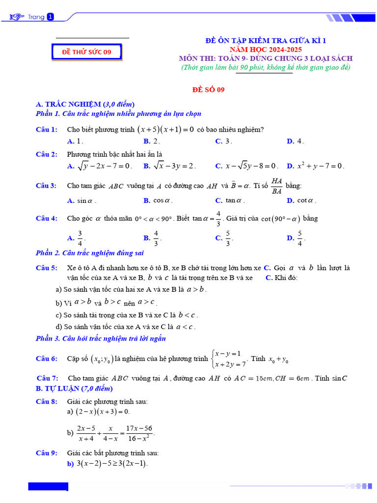 (Toanthaycu.com) - Đề Số 09 - KT GK1 - Toan 9 - Đề Bài - Form 2025 | PDF