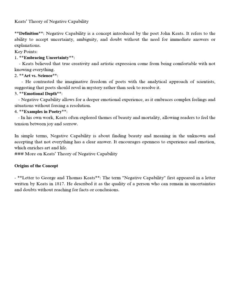 Keats' Theory of Negative Capability Definition Negative Capability | PDF | Experience | John Keats