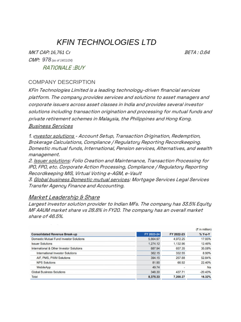 kfin technologies | PDF | Mutual Funds | Revenue