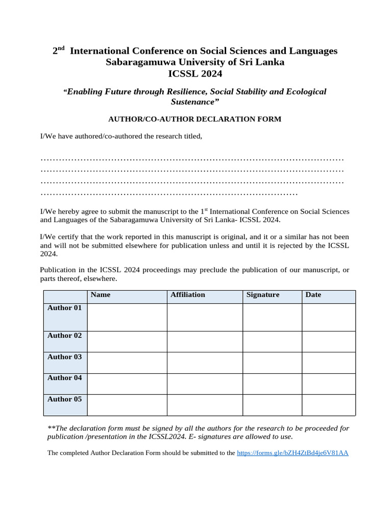 ICSSL 2024 Author Declaration Form | PDF