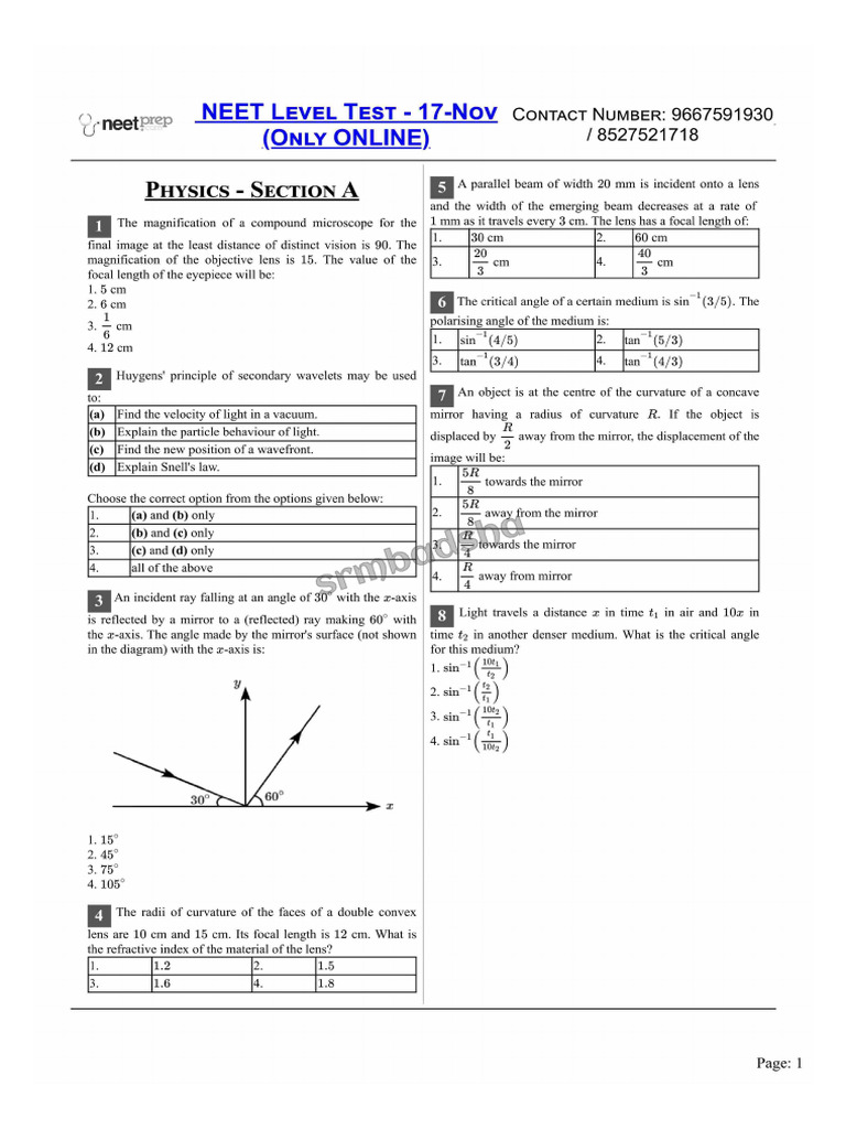 NEETprep Test 17 (Srmbadsha) | PDF | Polarization (Waves) | Refraction