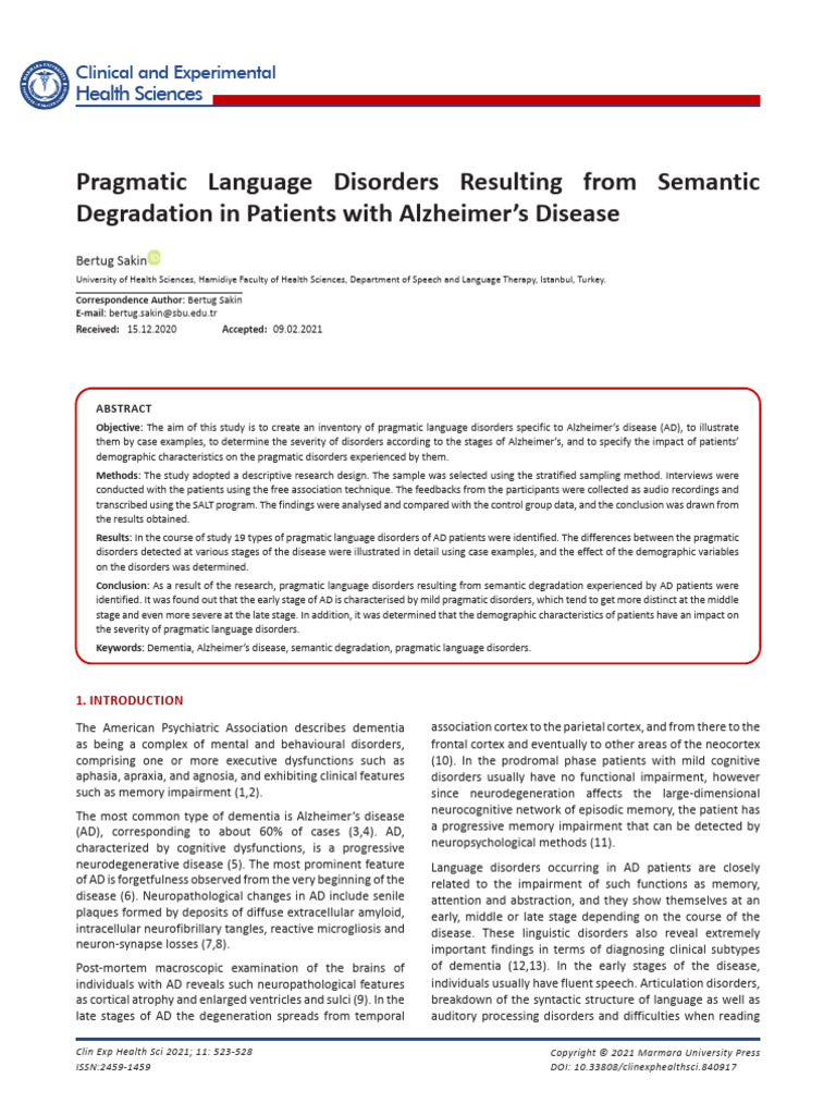 Pragmatic Language Disorders Resulting From Semantic | PDF | Dementia ...
