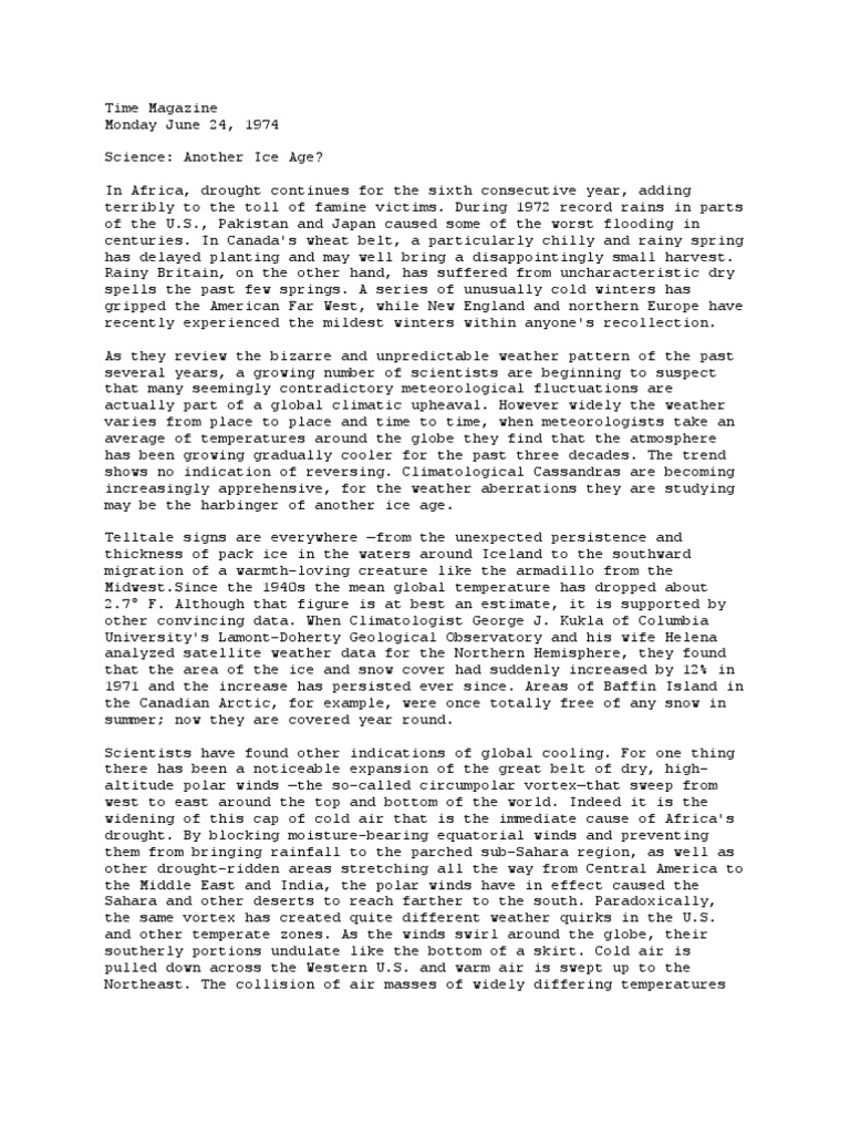 Another Ice Age? Time Magazine June 24, 1974 | Climate | Climatology