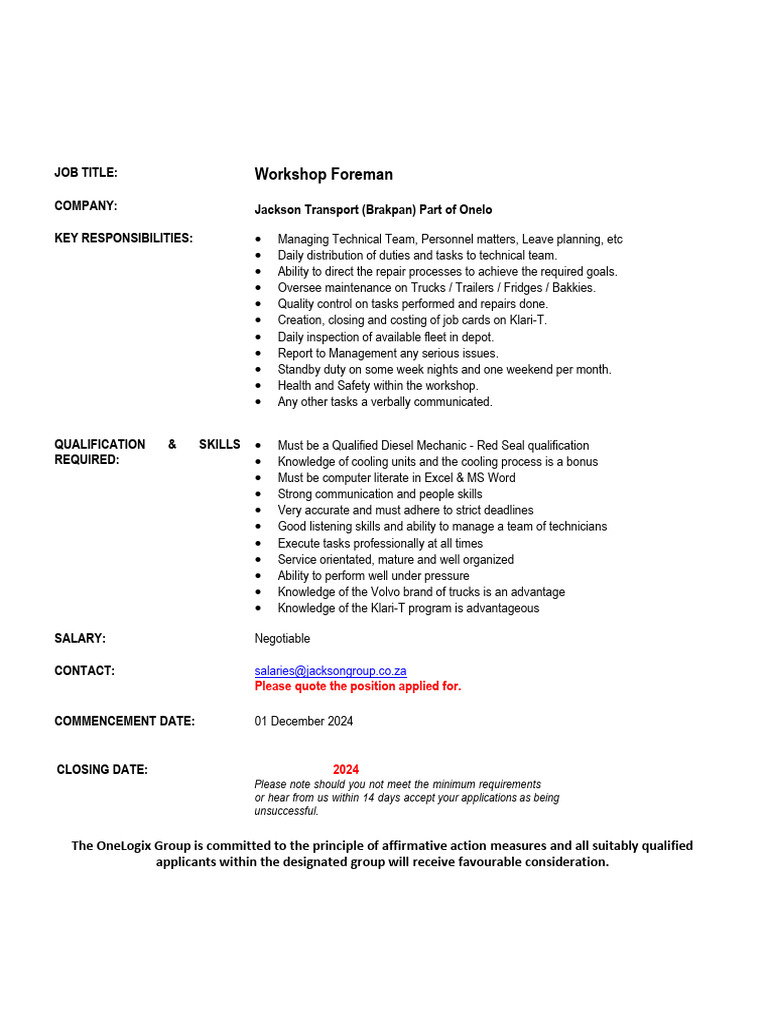 Vacancy Ad Workshop Foreman Jackson Transport | PDF | Auto Mechanic
