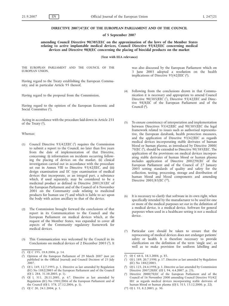 Directive 200747EC | PDF | Medical Device | European Union