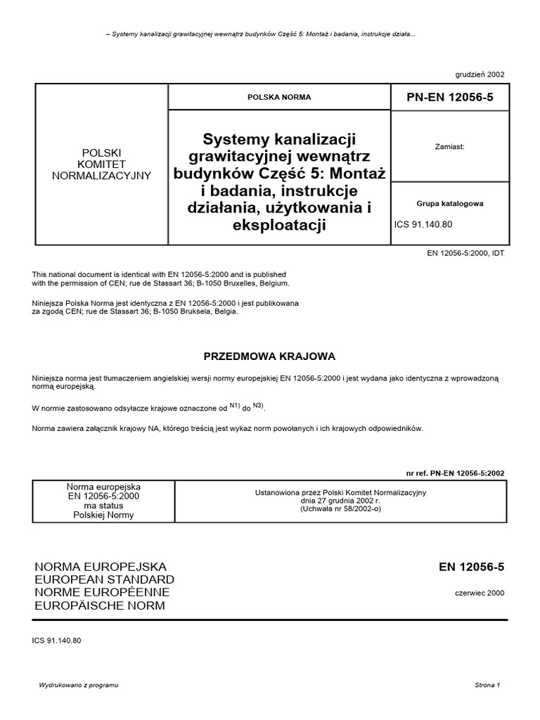 PN en 12056 5 Systemy Kanalizacji Grawitacyjnej Wewnątrz Budynków Część ...