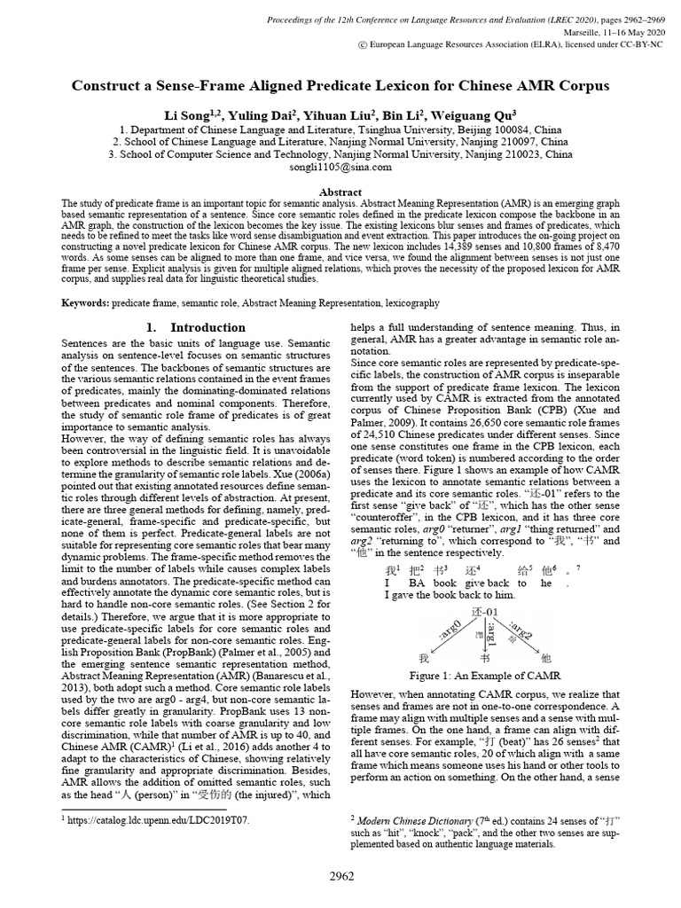 Construct A Sense Frame Aligned Predicate Lexicon For Chinese Amr Corpus Pdf Semantics Word