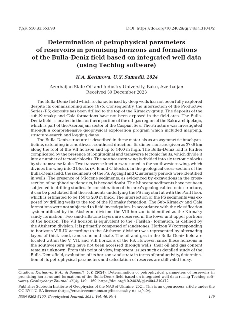 Determination of Petrophysical Parameters of Reservoirs in Promising Horizons and Formations of ...