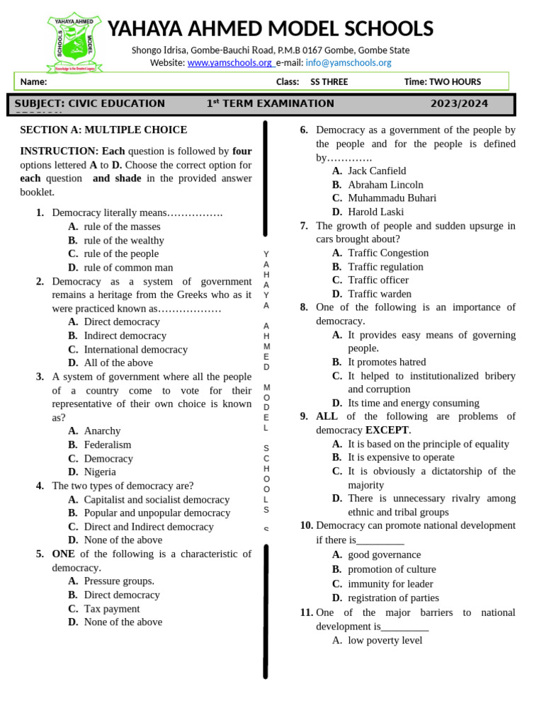 YAMS Civic Education Ss3 | PDF | Democracy | Political Ideologies