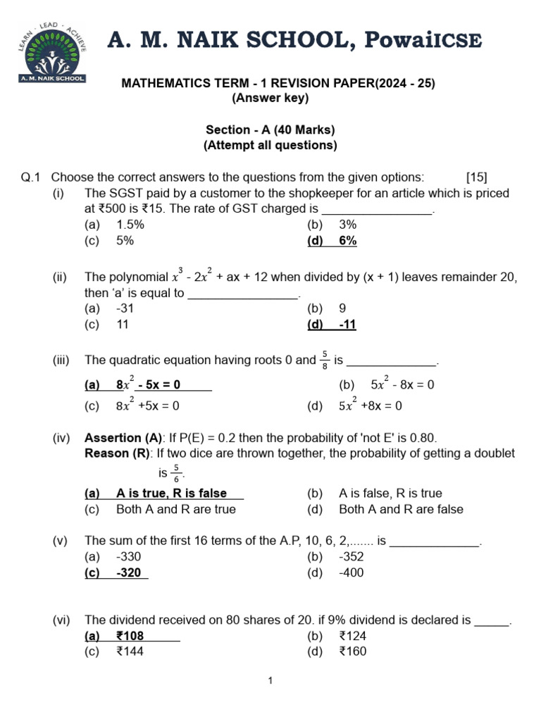 Revision Paper Math Term 1 Answer Key | PDF | Discounting | Value Added Tax