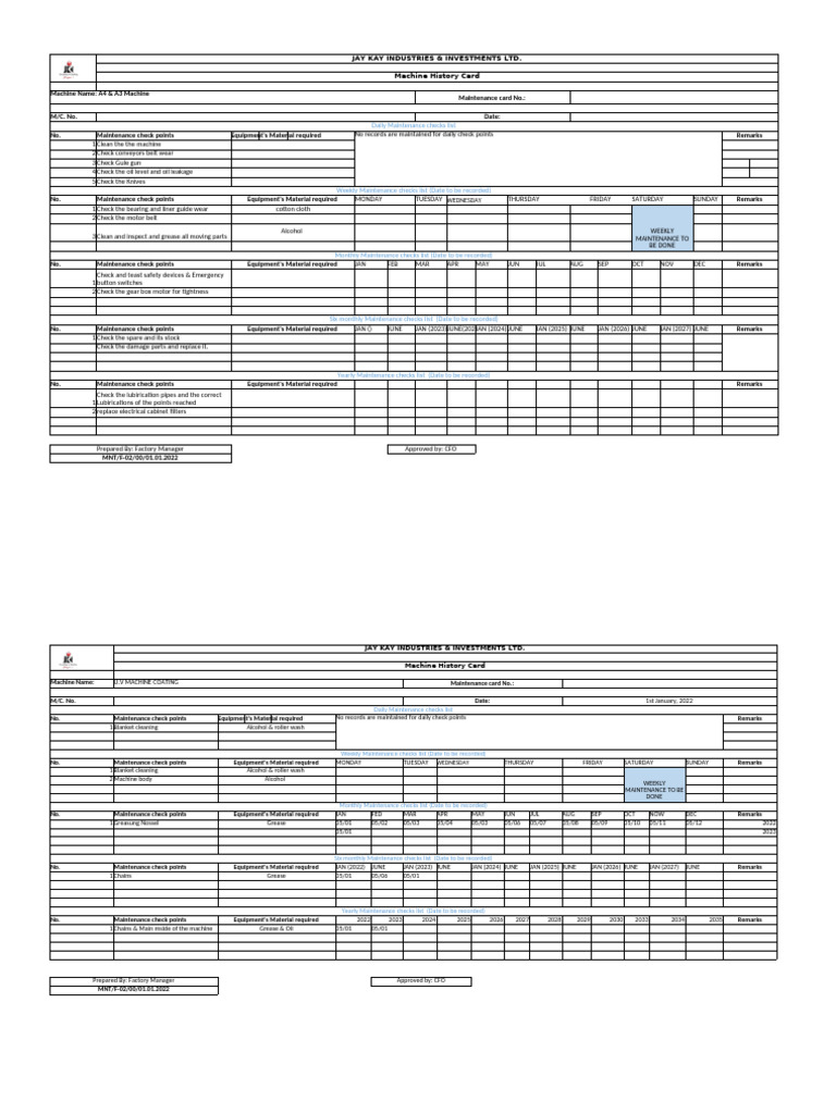 Maintenace History Card. Room 1 | PDF