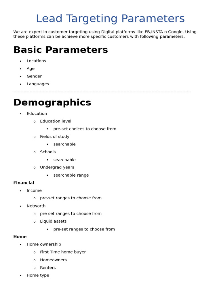 Lead Targetting Parameters | PDF | Drink | Restaurants