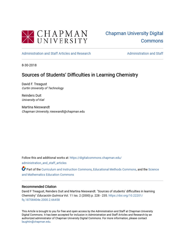 Sources of Students Difficulties in Learning Chemistry | PDF ...