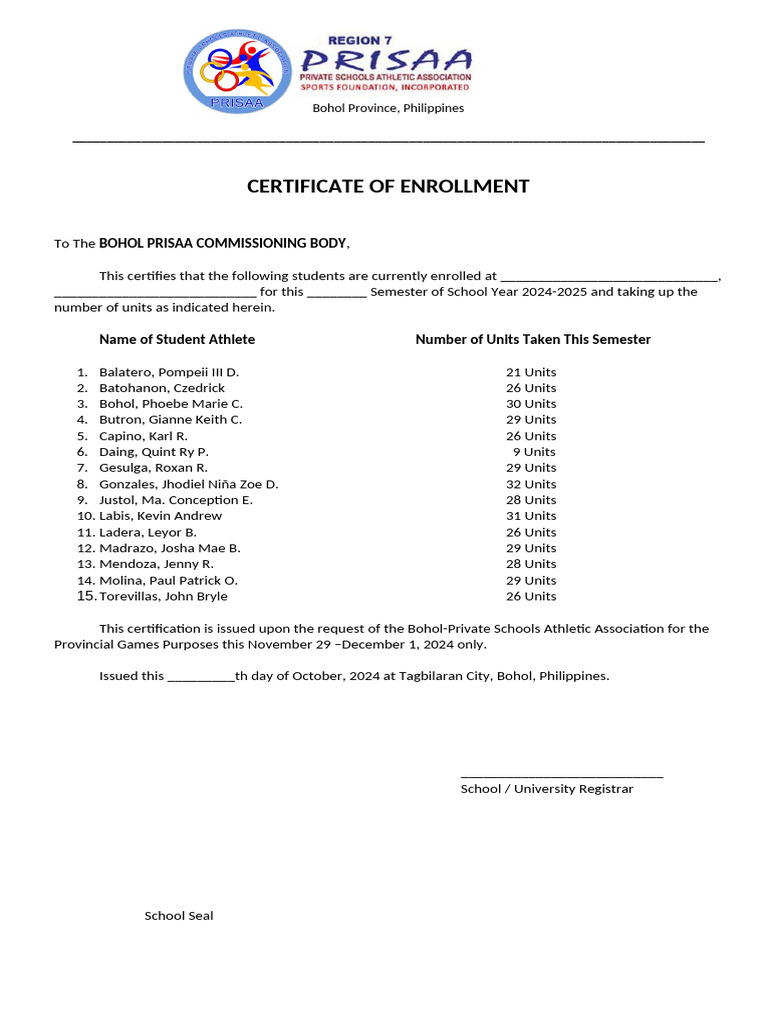 Bohol PRISAA Student Enrollment | PDF