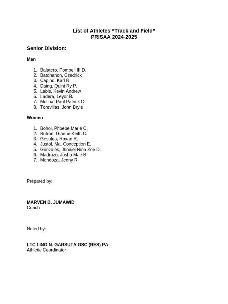 PRISAA 2024-2025 Track and Field Athletes | PDF