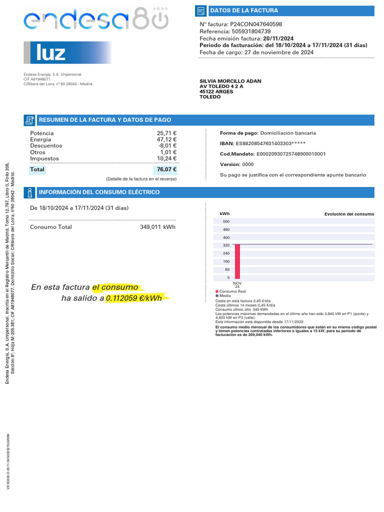 En Esta Factura El Consumo Ha Salido A: 20/11/2024 Periodo de ...