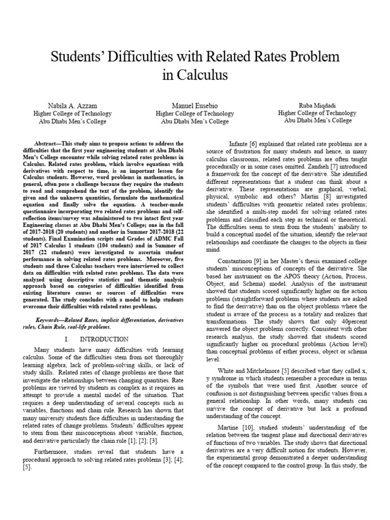 Students Difficulties With Related Rates - Problem - in - Calculus ...
