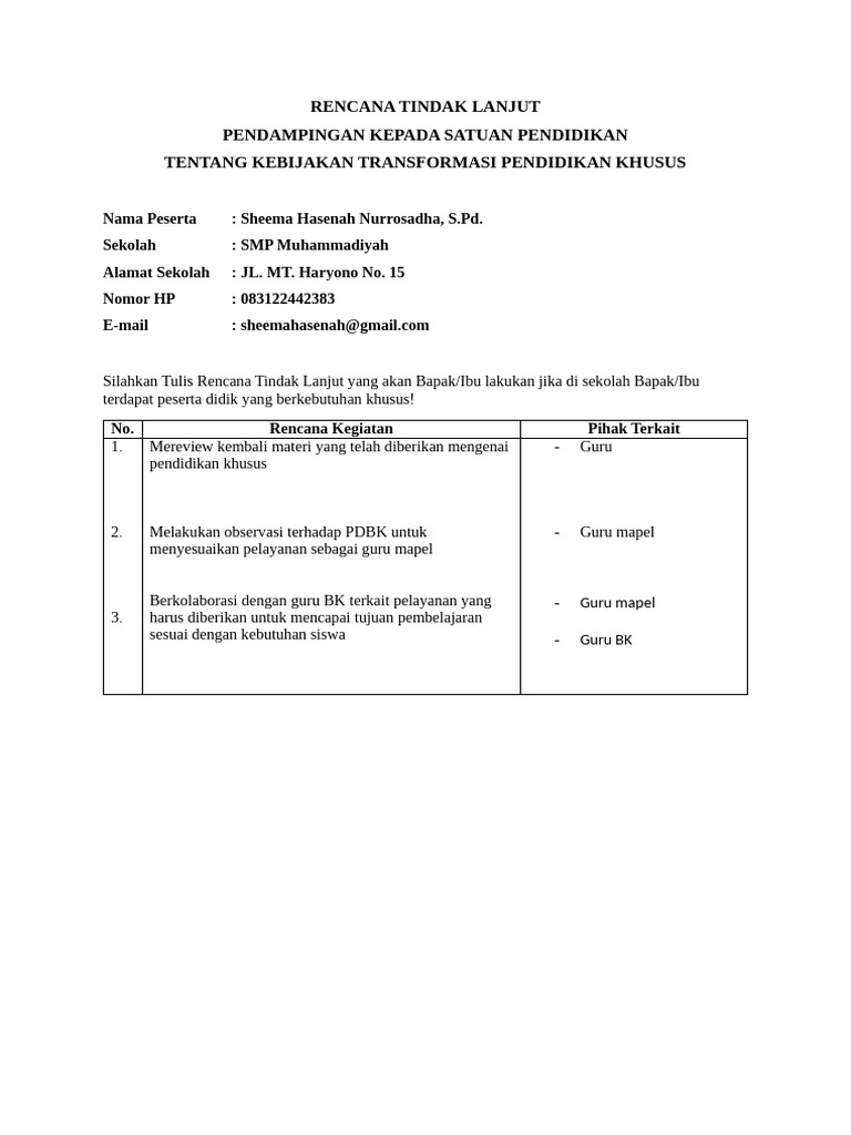 Contoh Rencana Tindak Lanjut | PDF