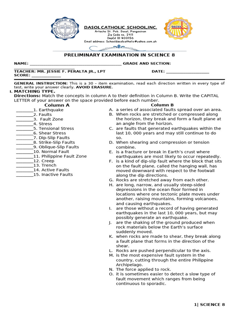 Science 8 Q2 TQS With Tos For Prelim | PDF | Seismology | Earthquakes