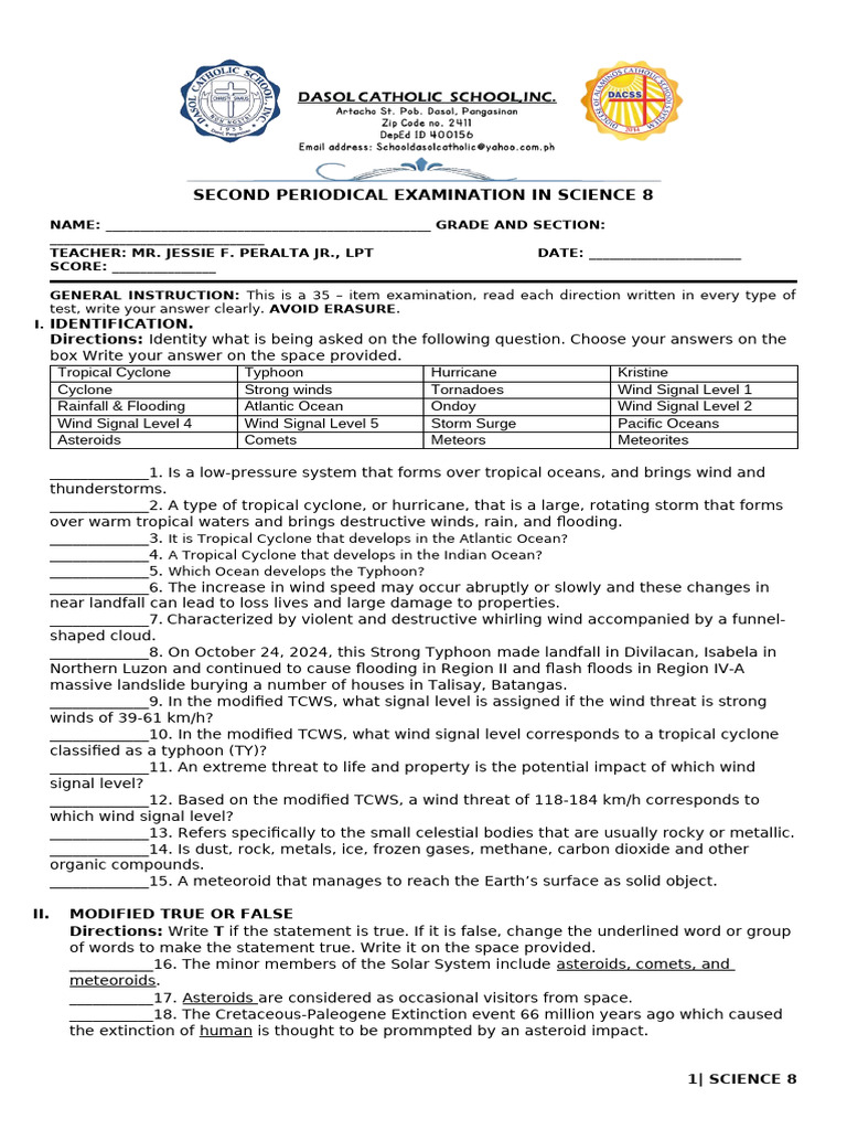Science 8 Q2 TQS With Tos For Periodical | PDF | Tropical Cyclones | Comet