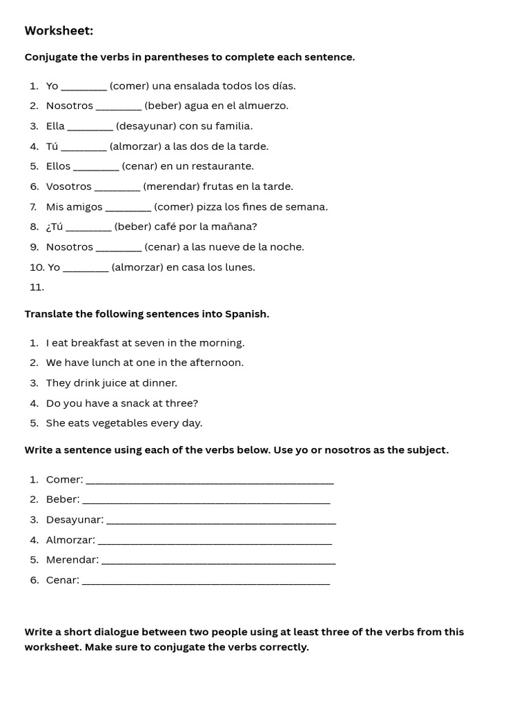Worksheet Practicing Meal-Related Verbs in Spanish | PDF