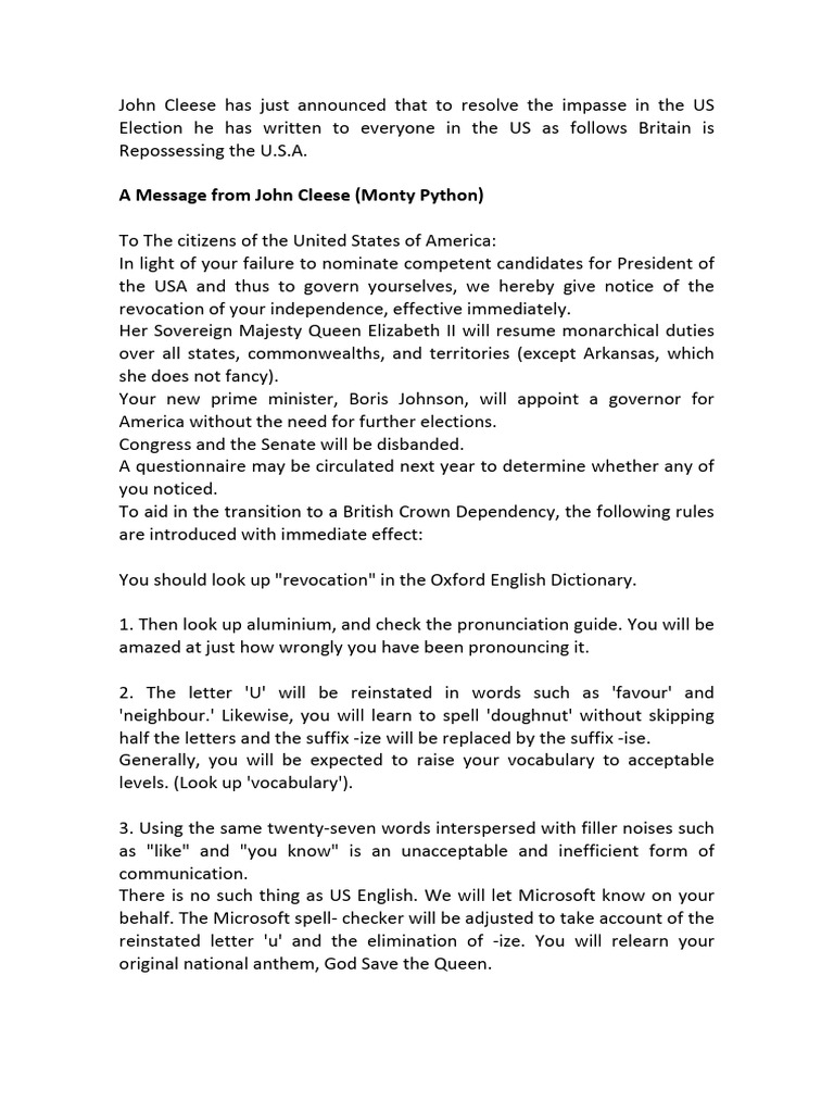 A Message From John Cleese Monty Python | PDF | French Fries