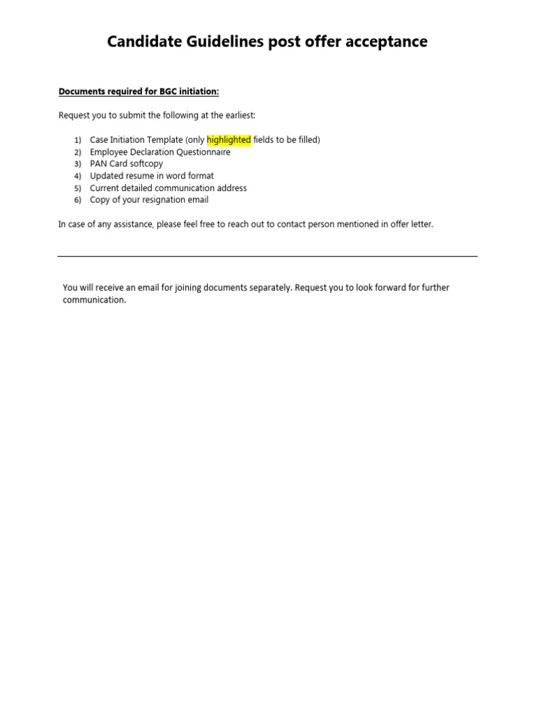 Candidate Guidelines Post Offer Acceptance | PDF