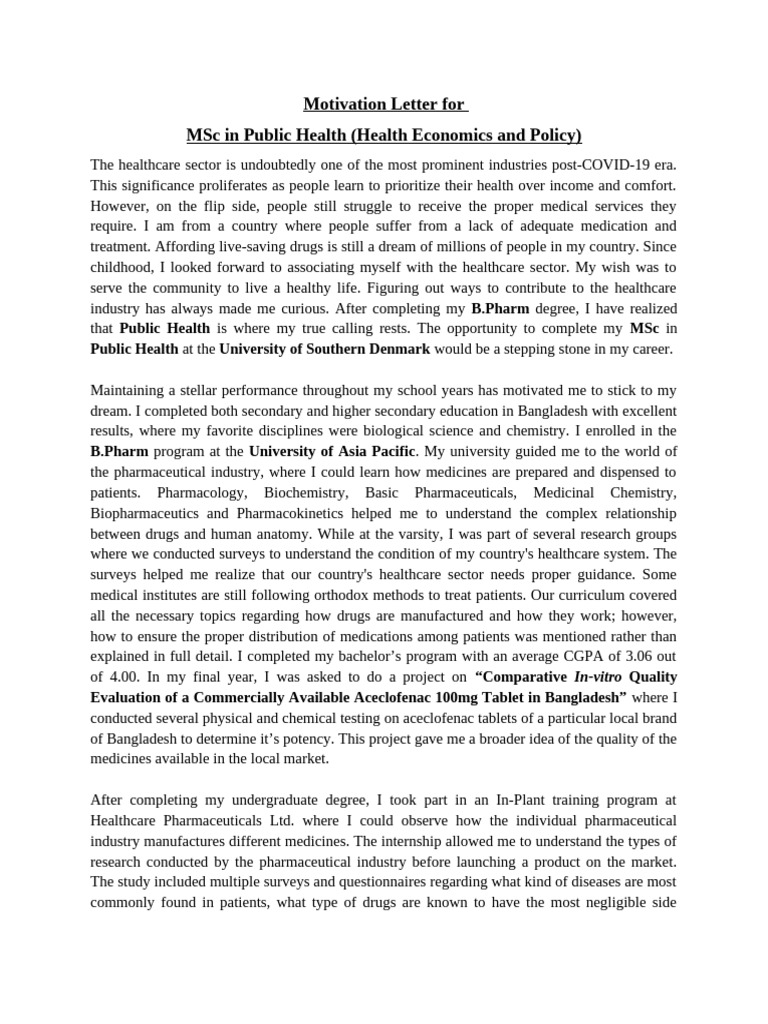 Motivation Letter For MSC in Public Health (Health Economics and Policy ...
