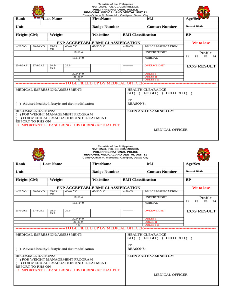 PNP PRE PFT FORM Old 1 1 1 | PDF | Body Mass Index | Obesity