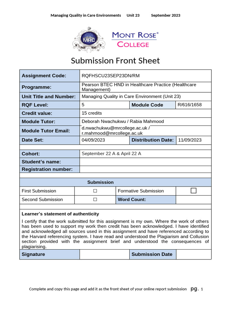 Unit 23 Assignment Brief | PDF | Quality Management | Turnitin