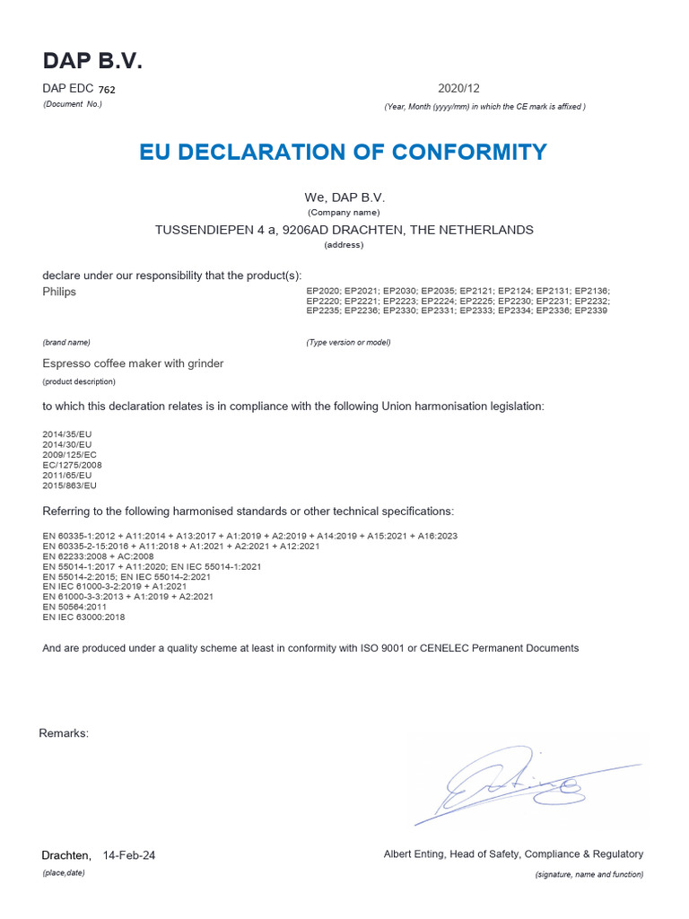 Philips Espresso Automatic CO - 2024 - EP2XXX - EU Declaration of ...