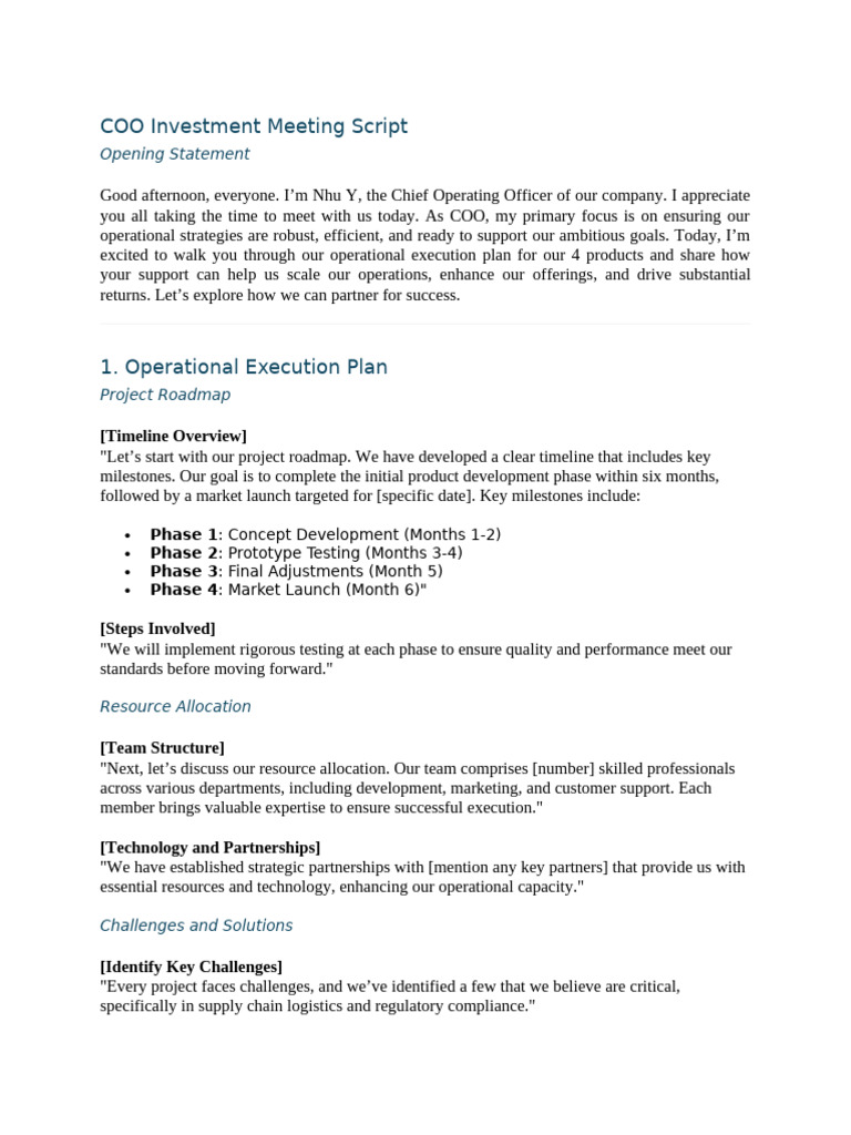 COO Investment Meeting Script: Opening Statement | PDF | Supply Chain ...