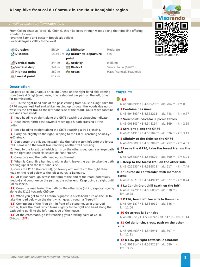 Visorando A Loop Hike From Col Du Chatoux in The Haut Beaujolais Region ...