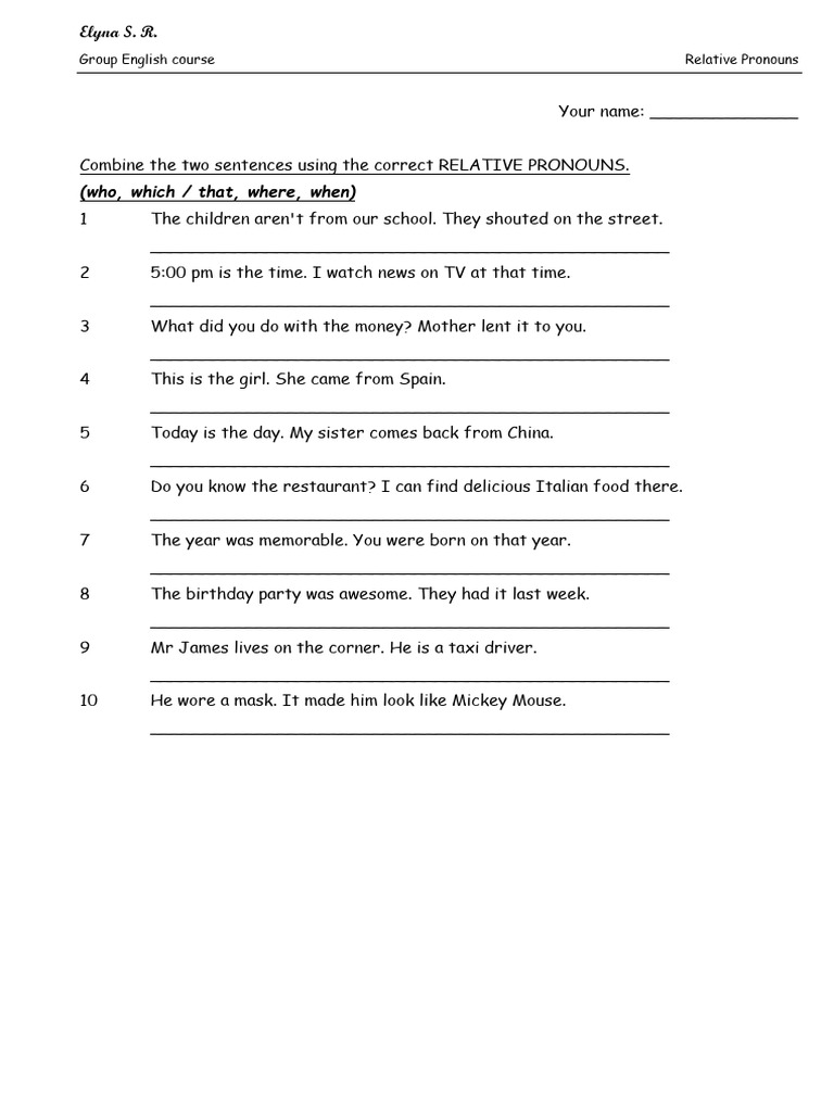 Relative Pronouns Exercise Worksheet | PDF