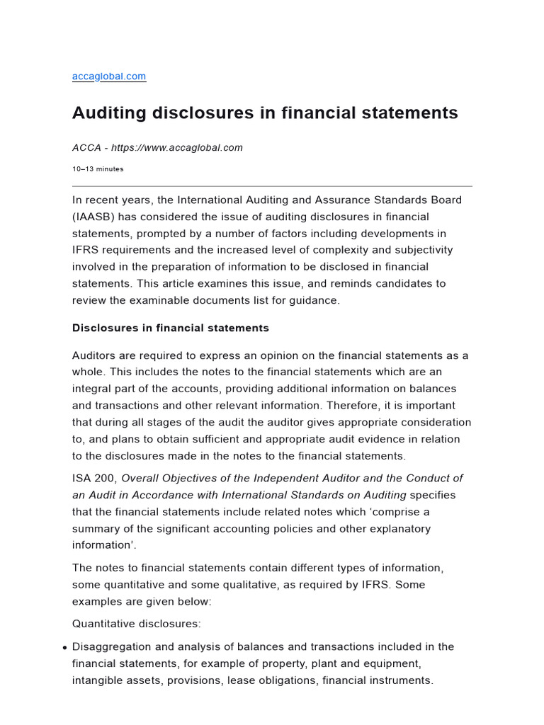 Auditing Disclosures in Financial Statements | PDF | Audit | Financial ...