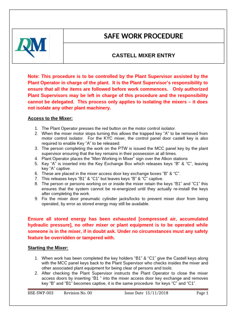 Safe Procedure for Castell Mixer Entry | PDF