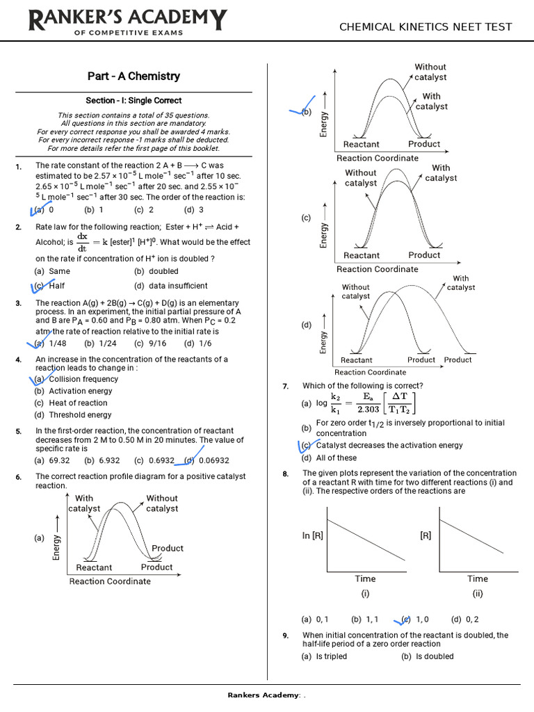 CHEMICAL KINETICS NEET TEST-14-Jun-2024 | PDF | Reaction Rate ...