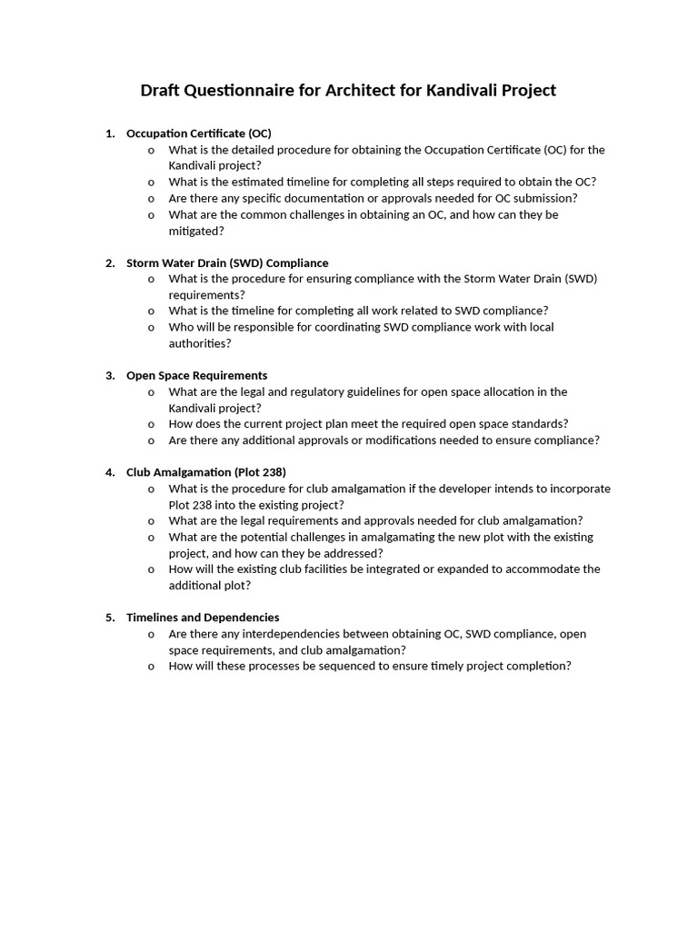Draft Questionnaire For Architect For Kandivali Project | PDF
