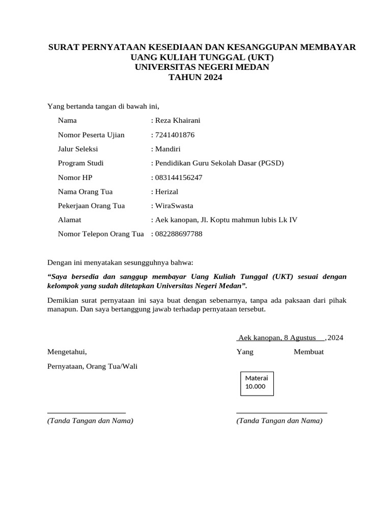 Surat Pernyataan Kesanggupan Membayar Ukt | PDF