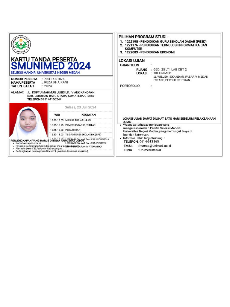 Cetak KTP Seleksi Mandiri UNIMED | PDF